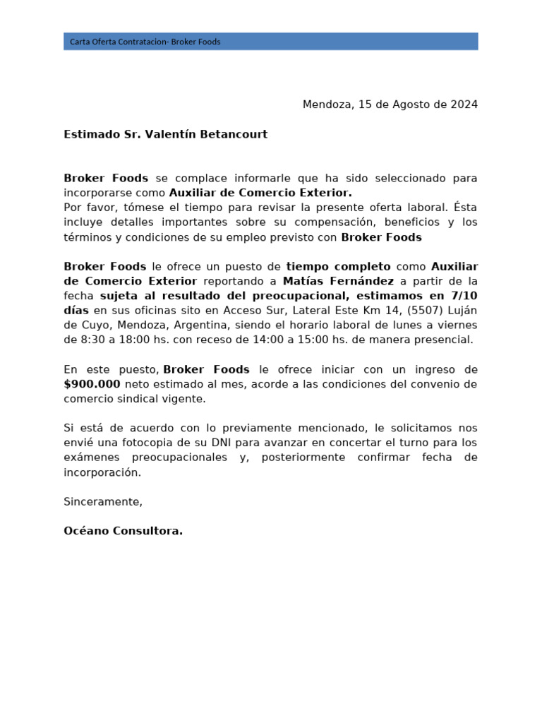 Carta de Oferta Laboral - Broker Foods | PDF