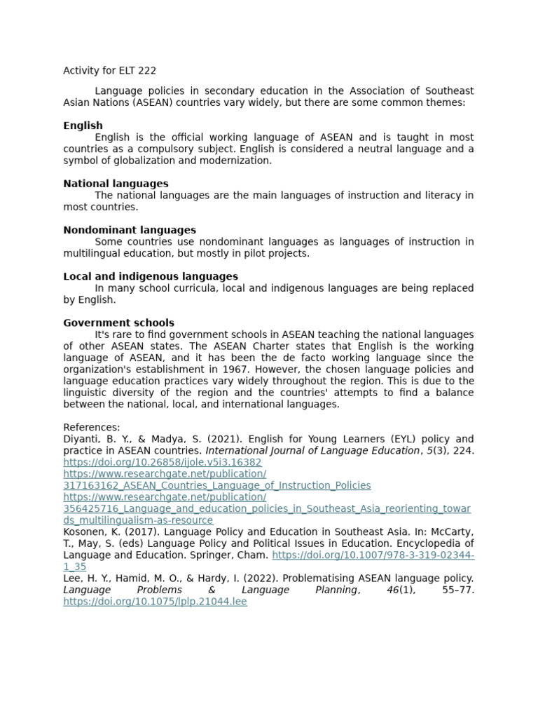 ASEAN Language Policies in Education | PDF | Linguistics | Human ...