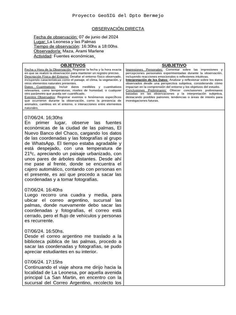 Observación Directa (Actividad) - Proyecto Geo Sig Del Departamento Bermejo - 062024 | PDF ...