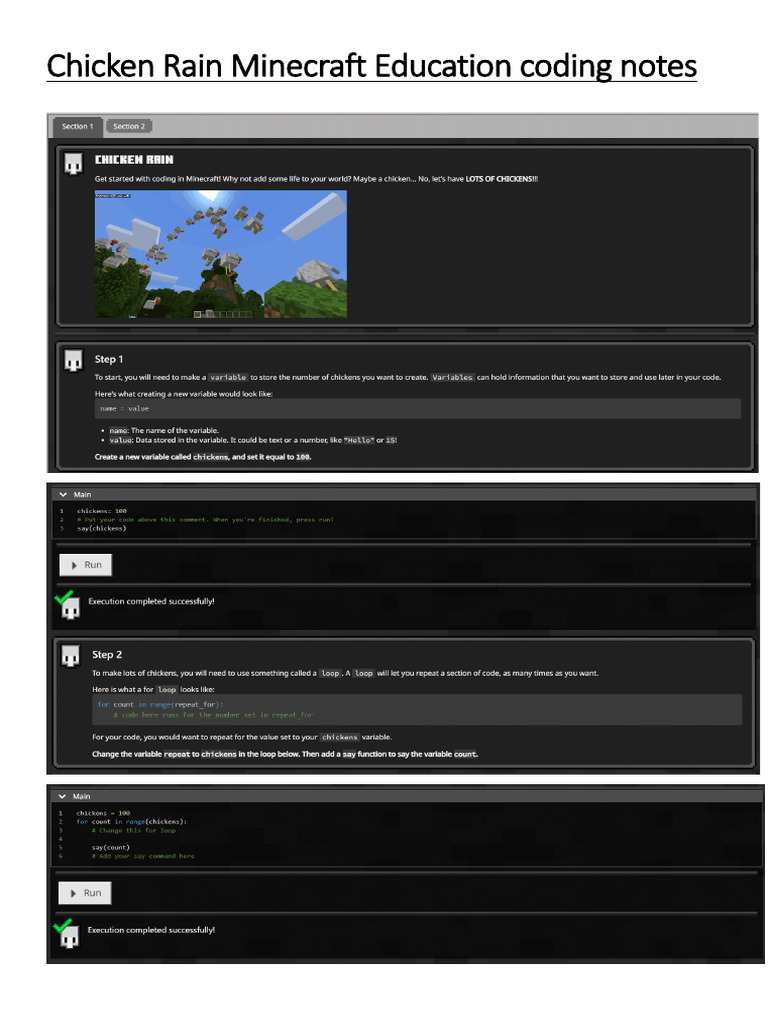 Chicken Rain Minecraft Education Coding Notes | PDF