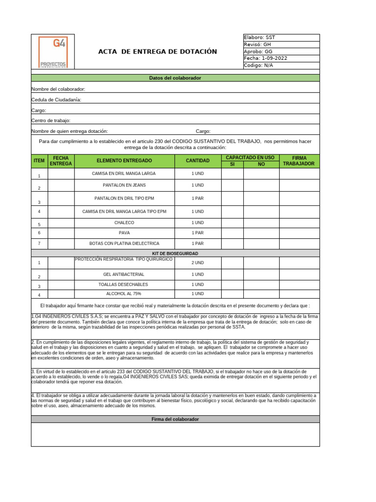Entrega de Epp y Dotacion | PDF