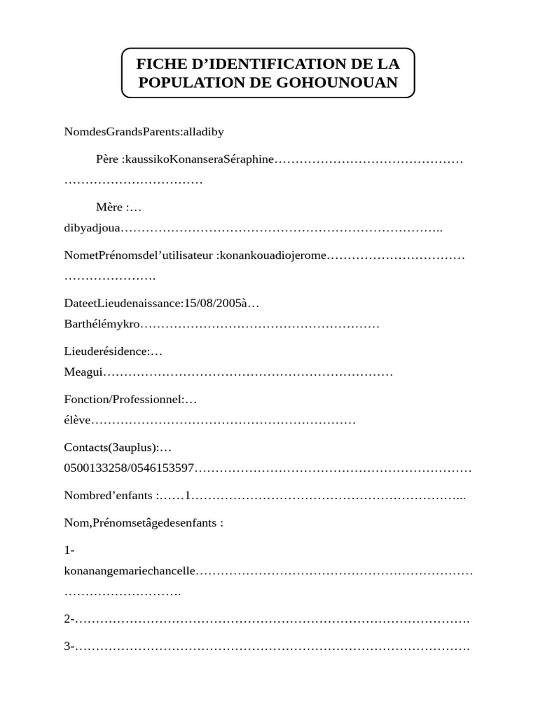 Fiche D'identification de La Population de Gohounouan | PDF