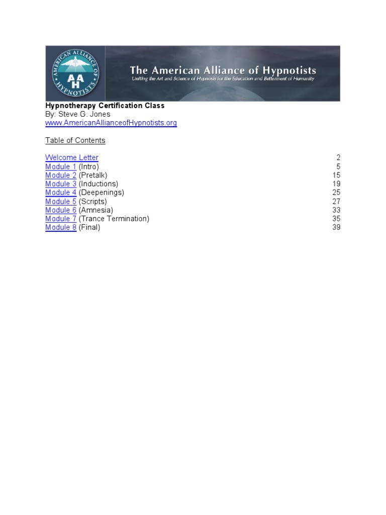 Basic Hypnosis Certification Manual | PDF | Hypnotherapy | Hypnosis