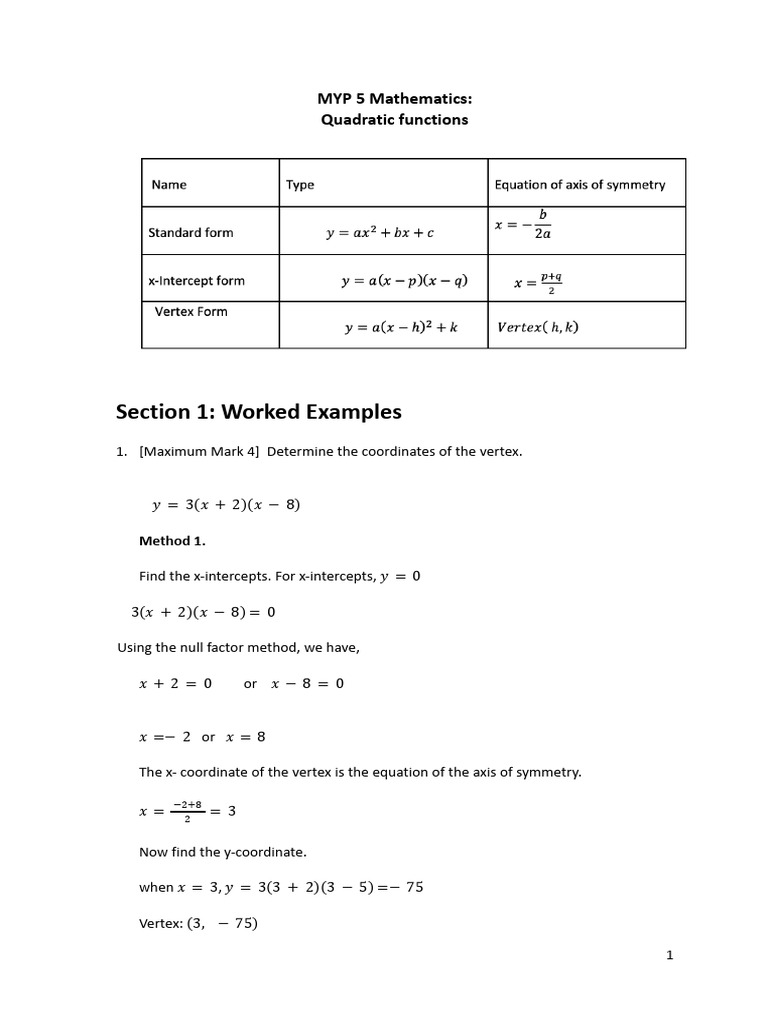 Worksheet 1 On Quadratic Functions | PDF | Mathematical Objects ...