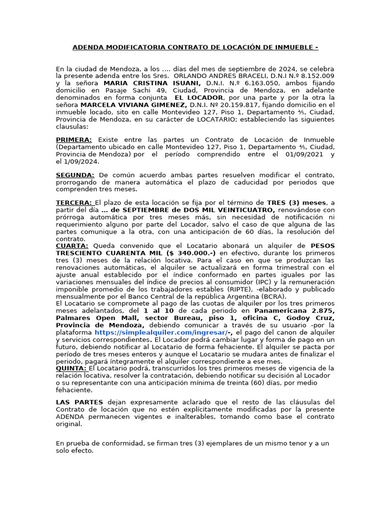 Adenda - Contrato de Locacion | PDF