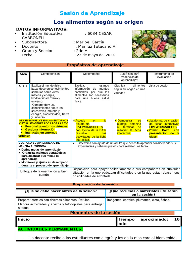 2ºA Los Alimentos Según Su Origen | PDF | Aprendizaje | Alimentos