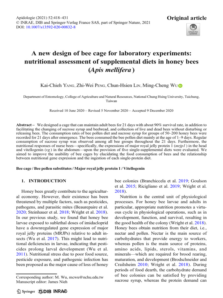 A New Design of Bee Cage For Laboratory Experiments - Nutritional Assessment of Supplemental ...