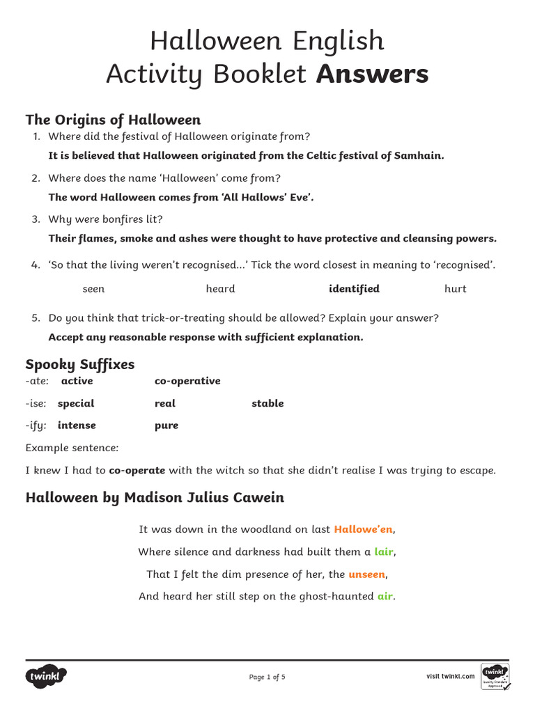 Year 6 Halloween Activity Booklet Answers | PDF | Halloween | Pumpkin