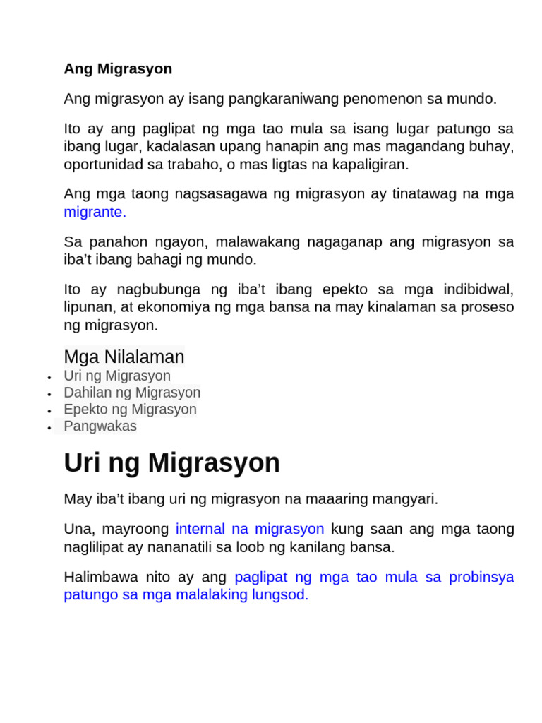 Uri NG Migrasyon: Mga Nilalaman | PDF