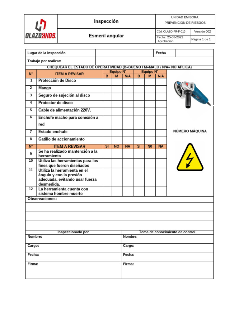 Formato #015 Inspeccion Esmeril Angular | PDF