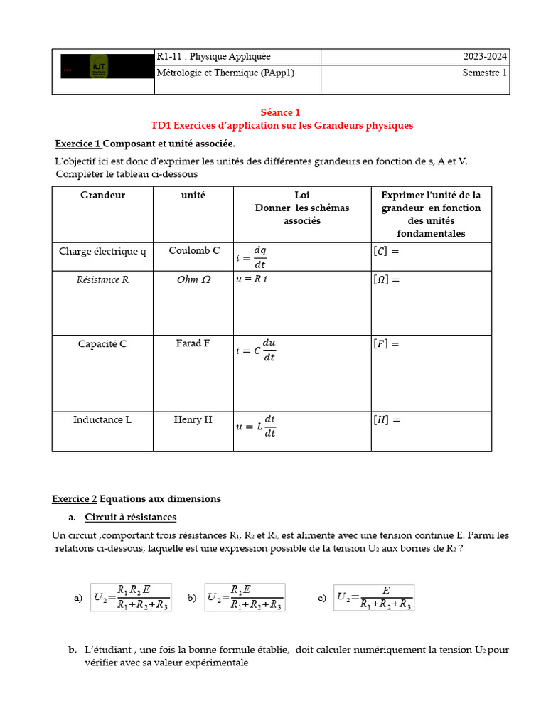 Tension Électrique et Dimensions Associées | PDF | Résistance ...