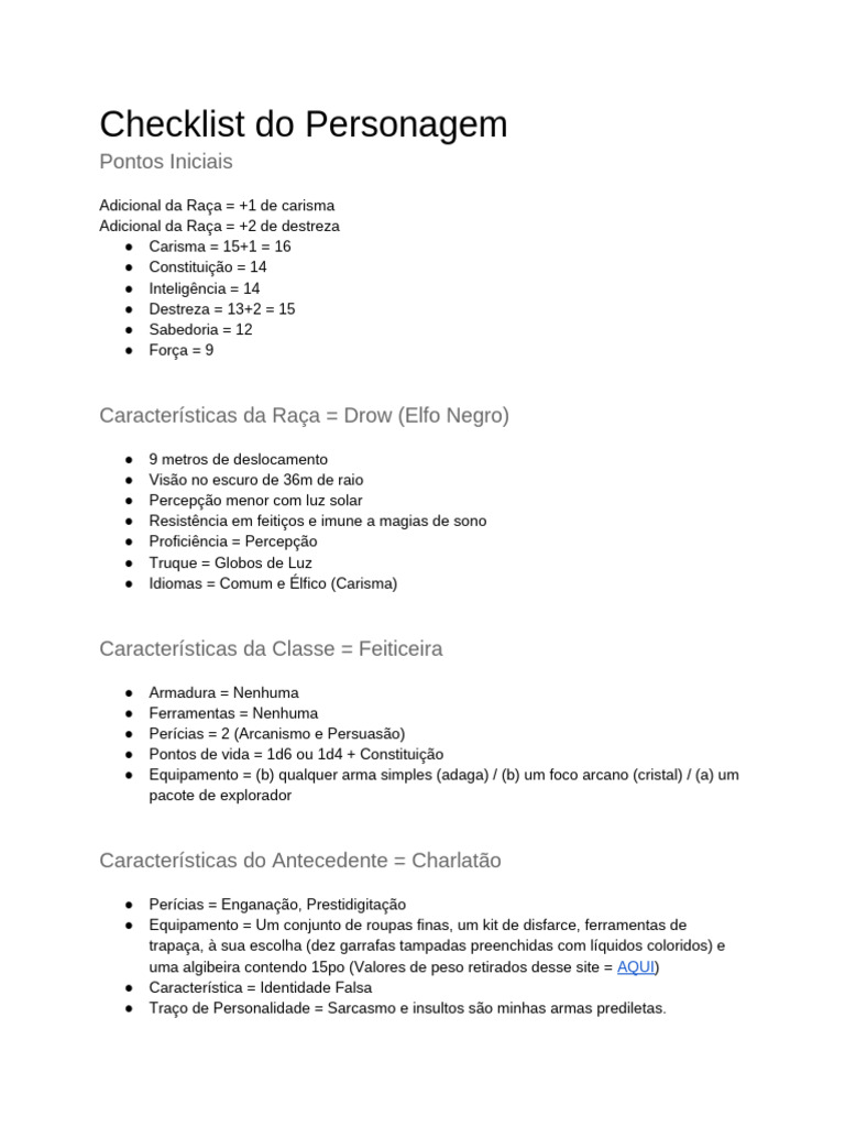 Lierin Farkalyn - Checklist Do Personagem | PDF