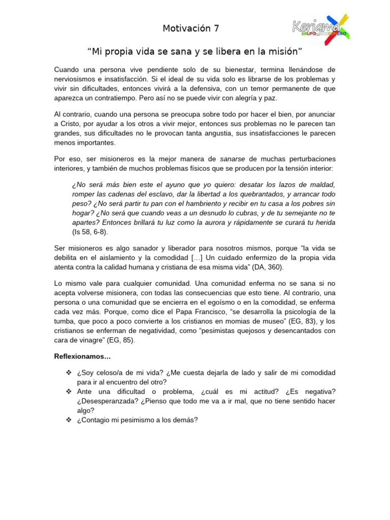 Motivacion 7 - Mi Propia Vida Se Sana y Se Libera en La Misión | PDF