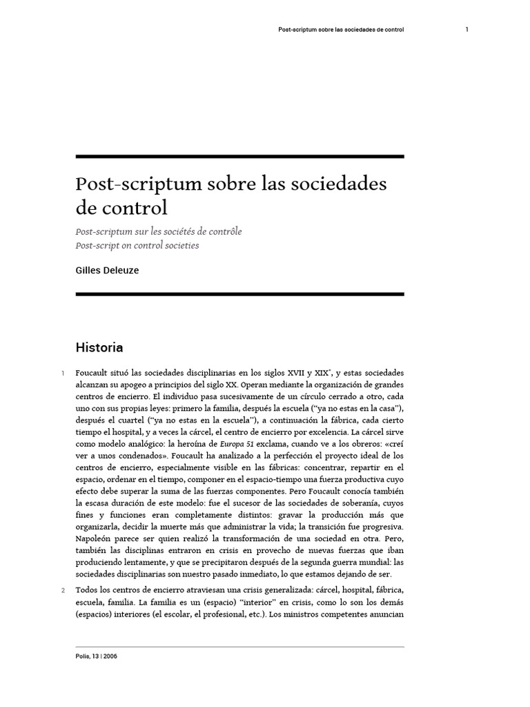 U1 - DELEUZE, Post-Scriptum Sobre Las Sociedades de Control | PDF | Sociedad | Capitalismo