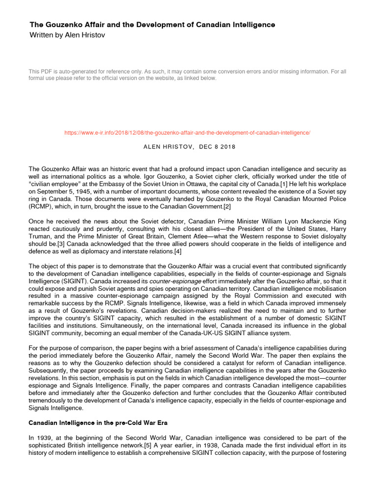 The Gouzenko Affair and The Development of Canadian Intelligence | PDF ...