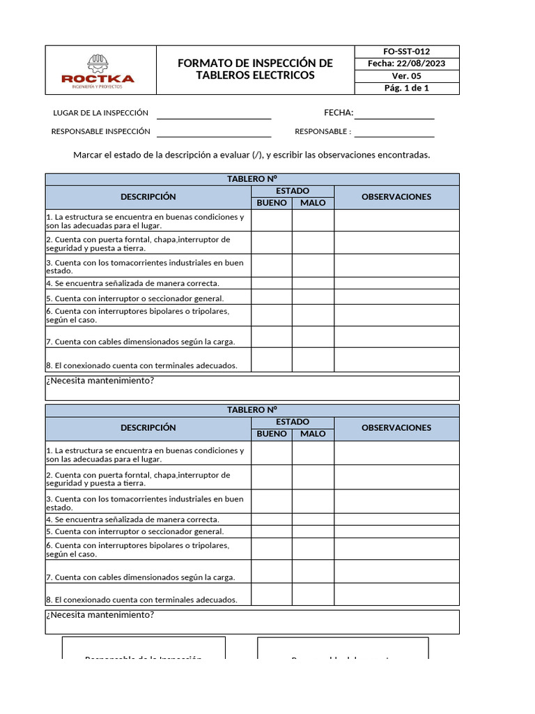 Fo-Sst-012 Formato de Inspeccion de Tableros Electricos | PDF