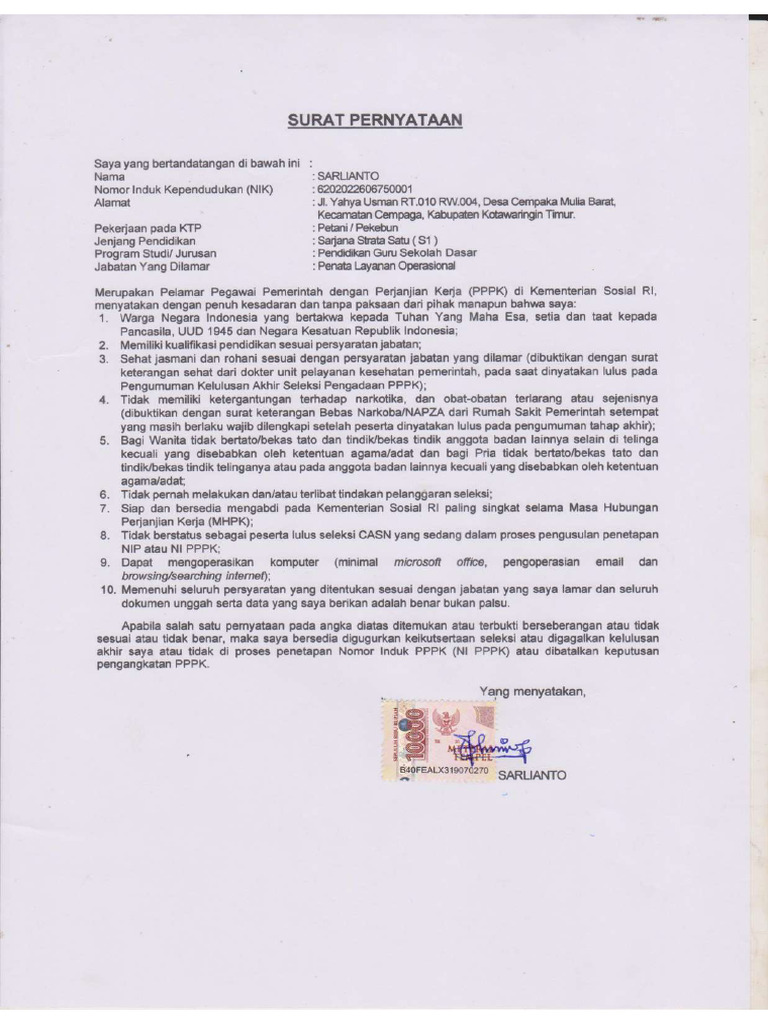 Scan Surat Pernyataan 10 Poin Sarlianto | PDF