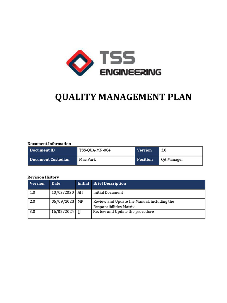TSS-QUA-MN-002 AS-NZS ISO3834 Quality Management PLAN-Rev3 | PDF ...