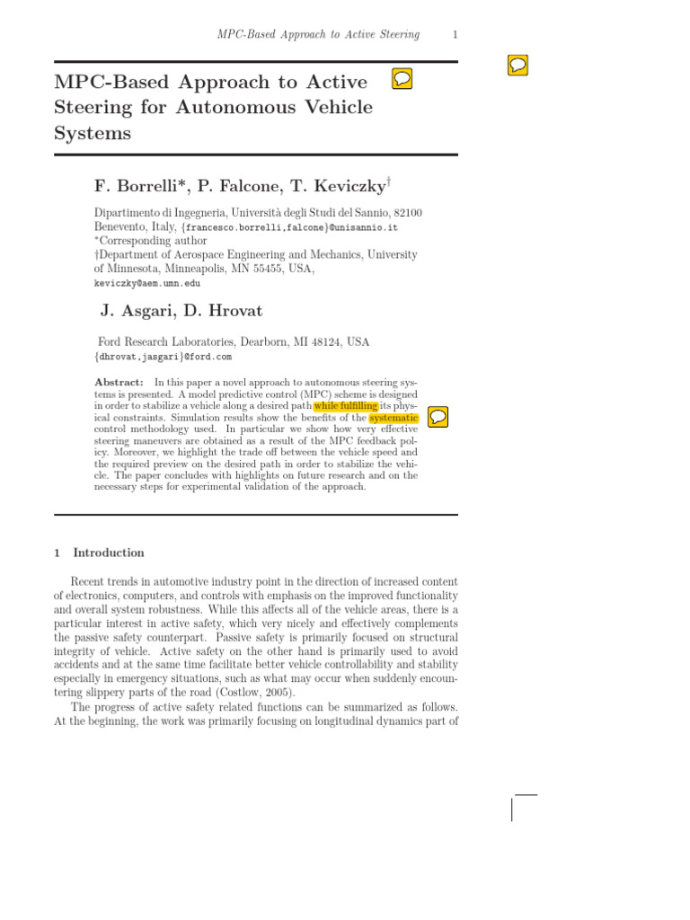 MPC Based Approach To Active Steering For Autonomous Vehicle Systems | PDF | Mathematical ...