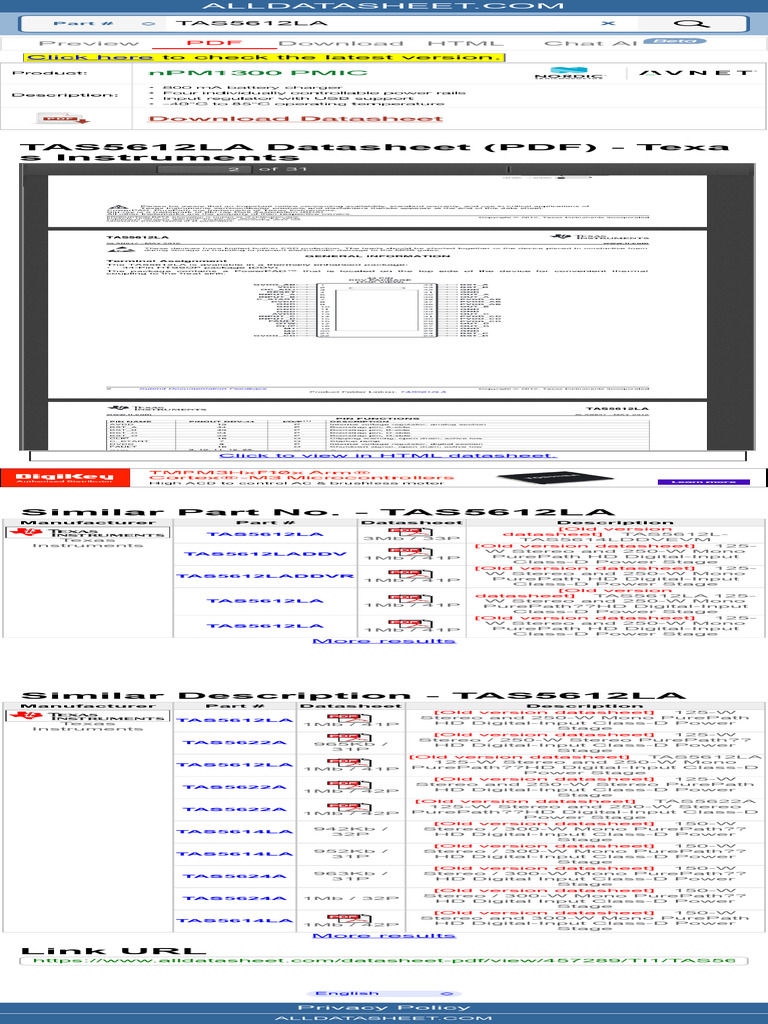 Tas5612la PDF, Tas5612la Description, Tas5612la Datasheet, Tas5612la ...