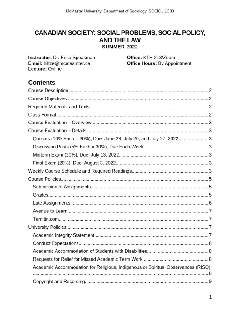 SOCIOL 1C03, Summer 2022, E Speakman | PDF | Academic Dishonesty ...