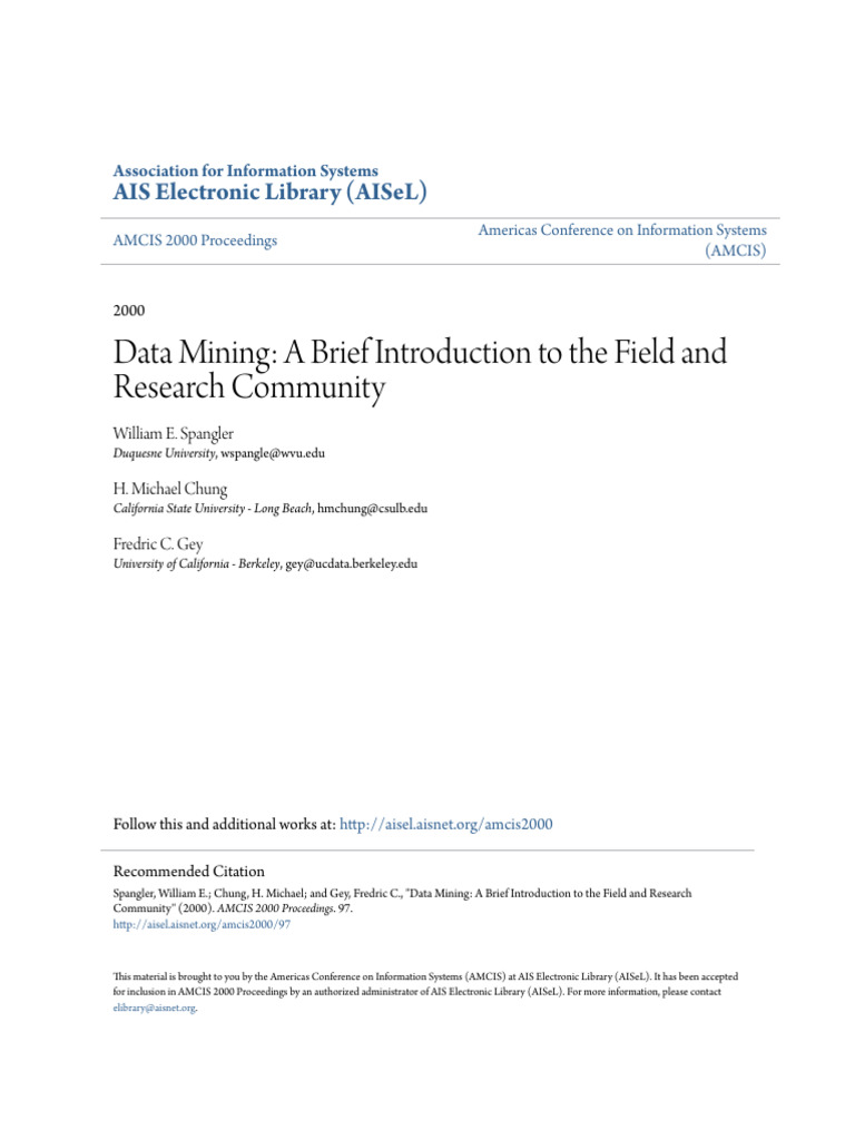 Data Mining: A Brief Introduction To The Field and Research Community | PDF | Data Mining | Data