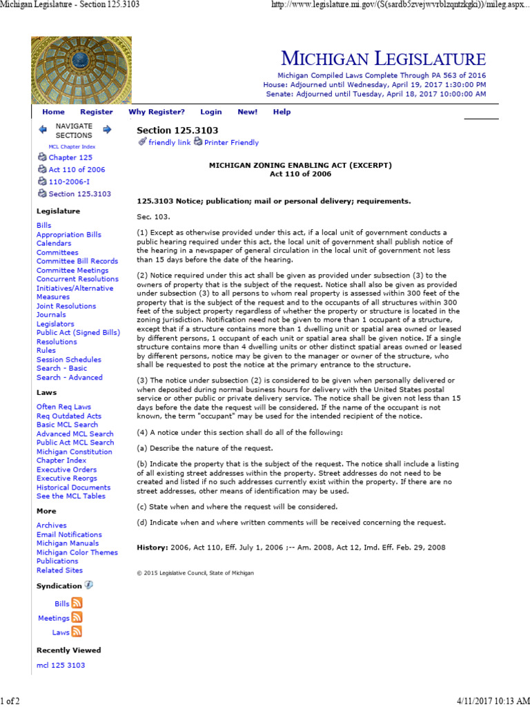Michigan Legislature - Zoning Section 125.3103 | PDF | Government | Justice