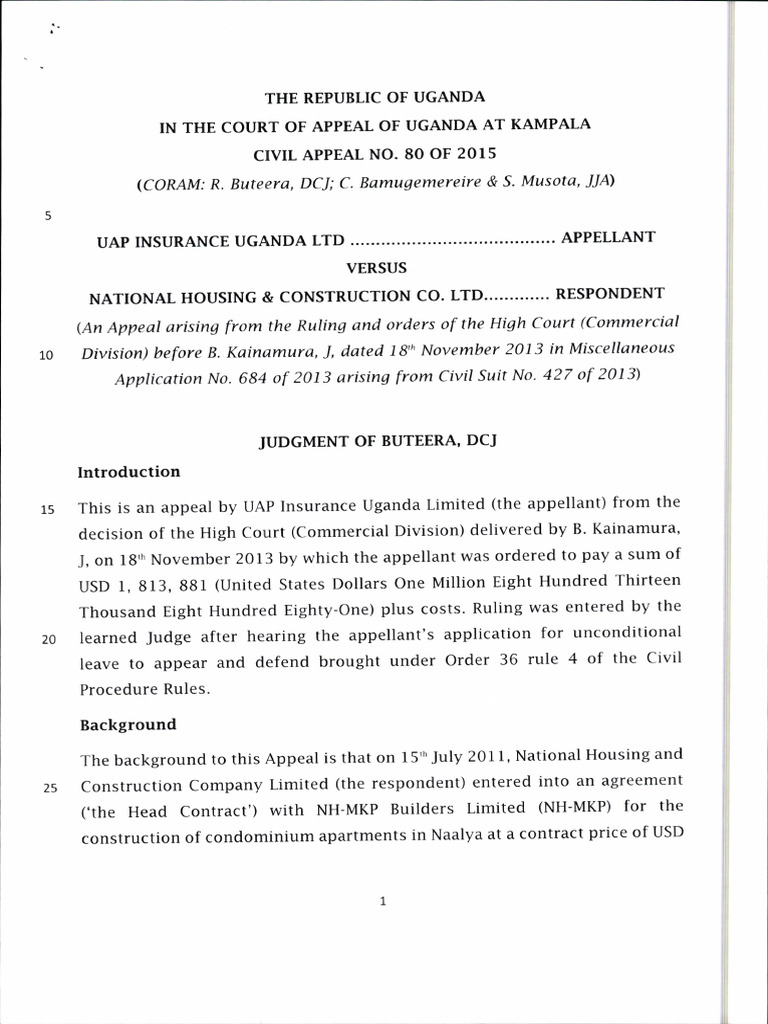 UAP Insurance Uganda Limited V National Housing and Construction Company Limited (Civil Appeal ...