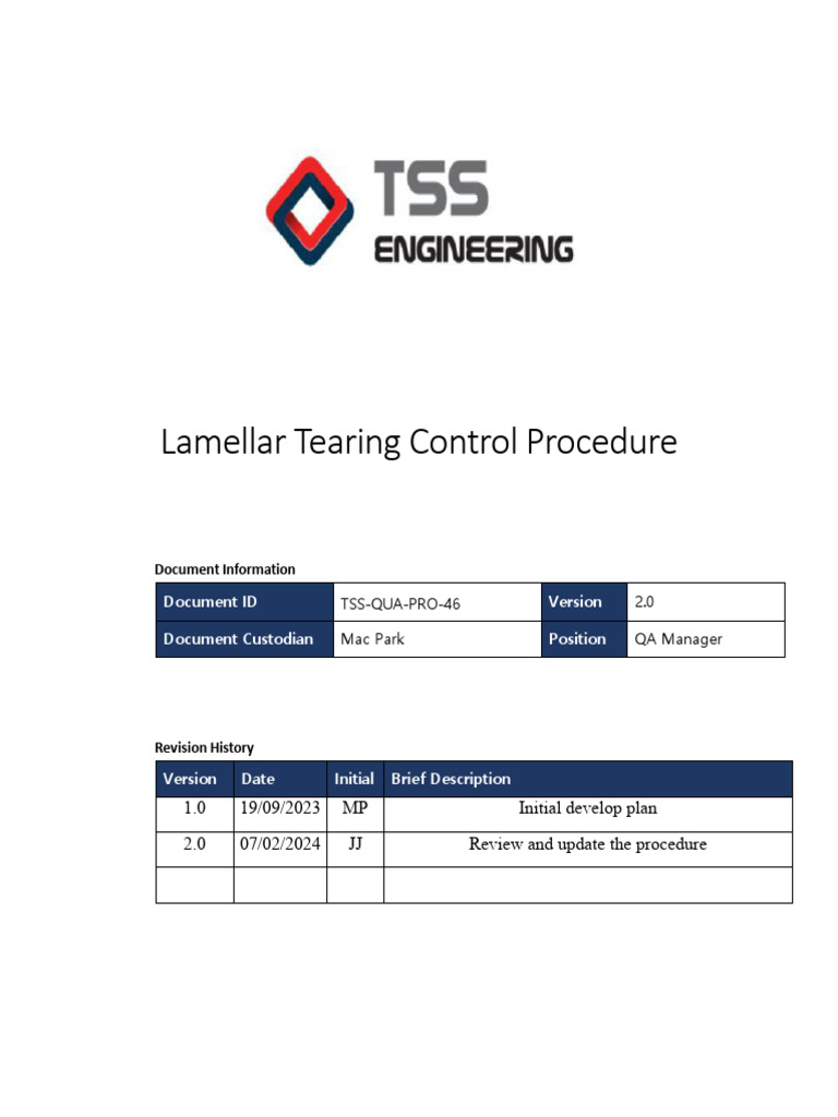 TSS QUA PRO 046 Lamella Tearing Control Procedure Rev2 | PDF | Welding ...