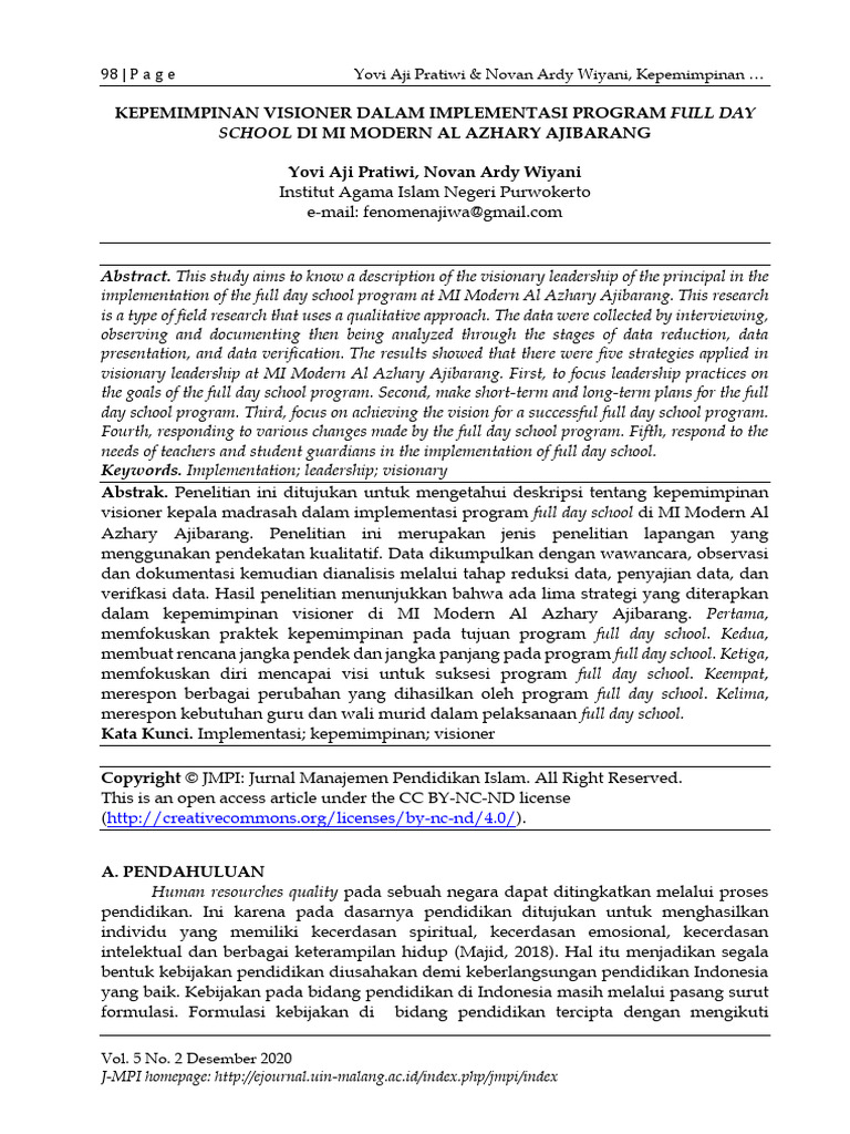 Kepemimpinan Visioner Dalam Implementasi Program Full Day School Di Mi Modern Al Azhary ...