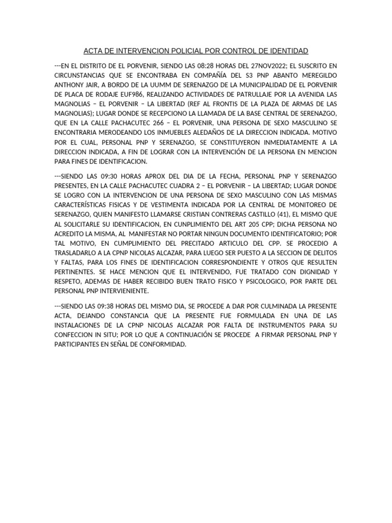 Acta de Intervencion Policial Por Control de Identidad | PDF
