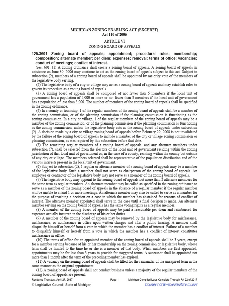 MI Zoning Enabeling Act | PDF | Appeal | Zoning