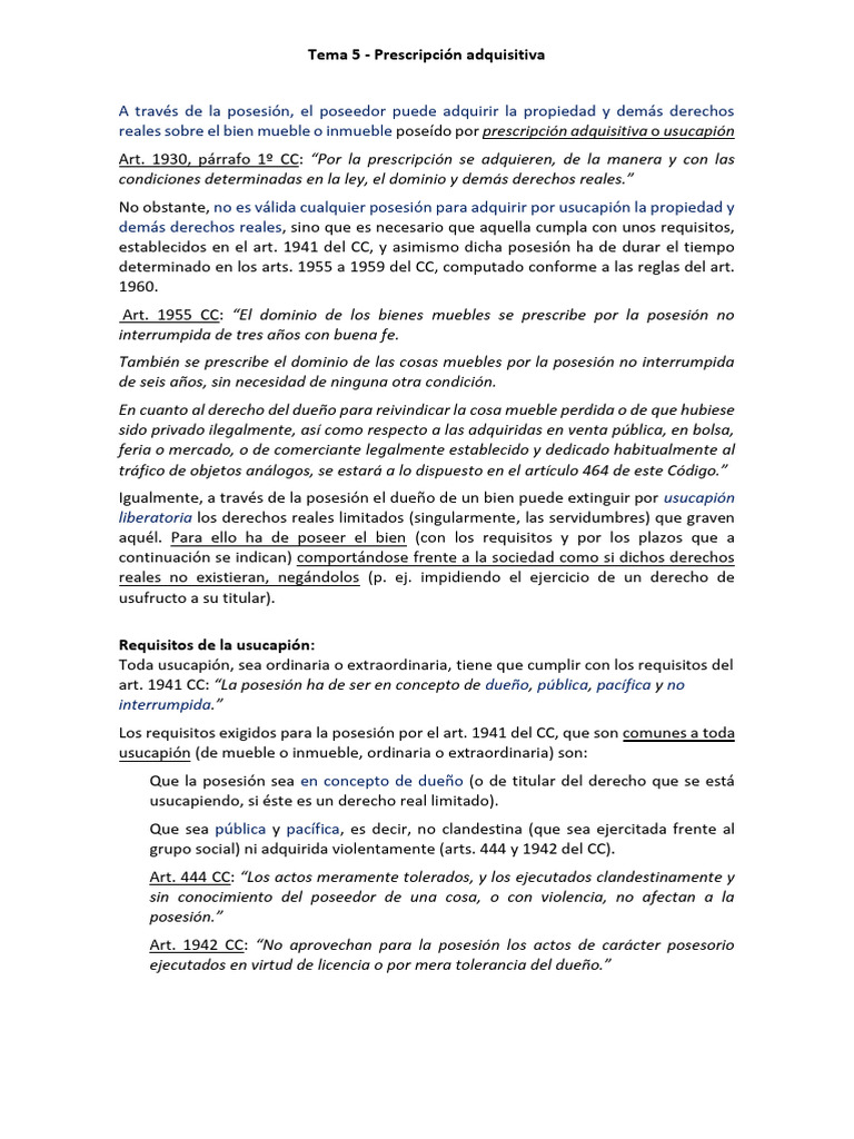 Wuolah Free Tema 5 Prescripcion Adquisitiva (1) Gulag Free | PDF | Posesión (Ley) | Propiedad
