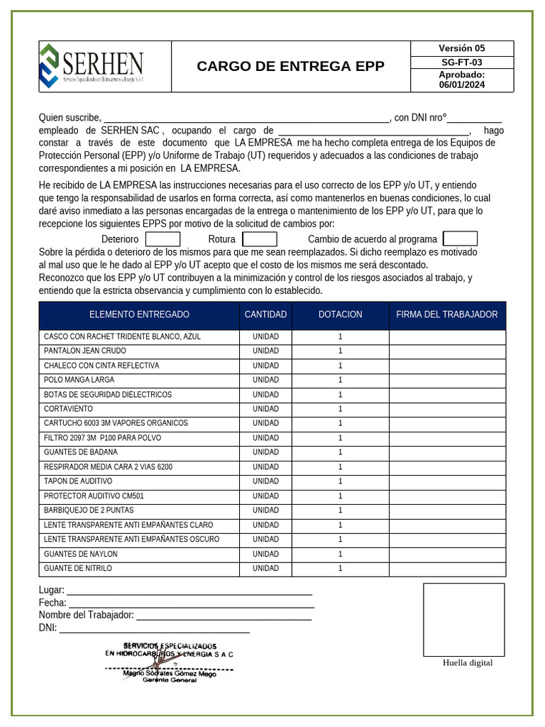 Formato Cargo Cambio entrega epp | PDF