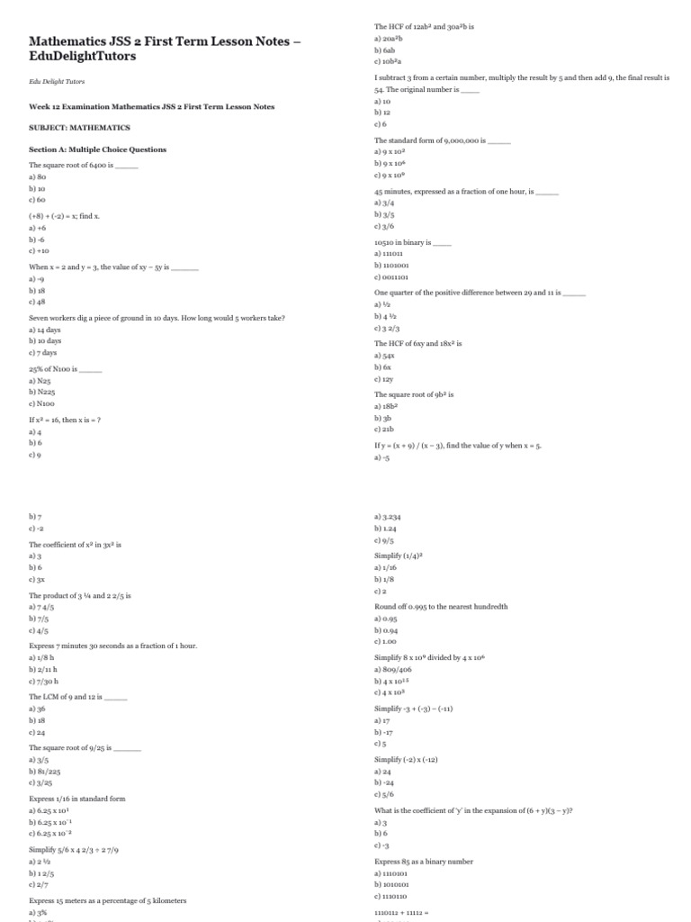 Mathematics JSS 2 First Term Lesson Notes | PDF | Elementary ...