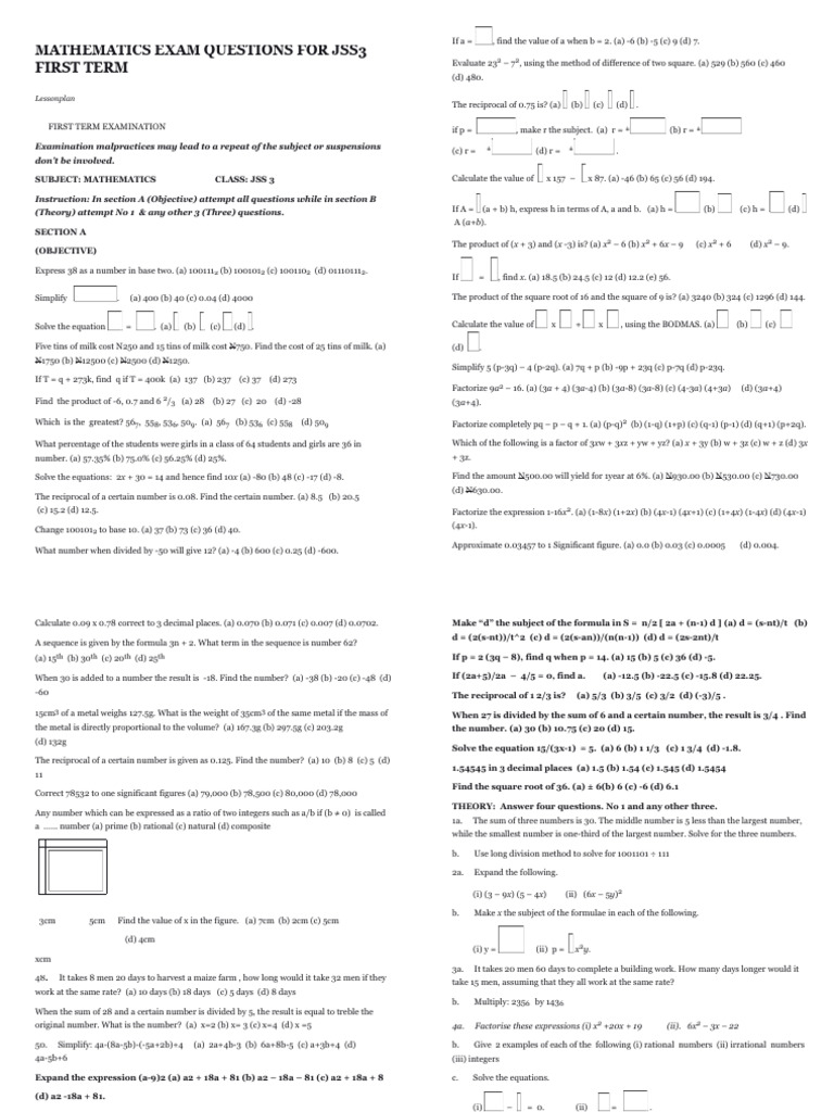 Mathematics Exam Questions For JSS3 First Term | PDF | Numbers ...