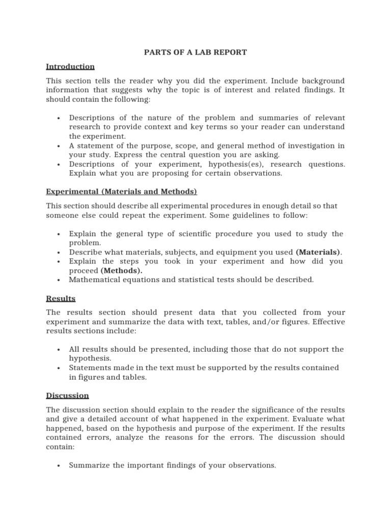 Parts of a Lab Report | PDF | Experiment | Hypothesis