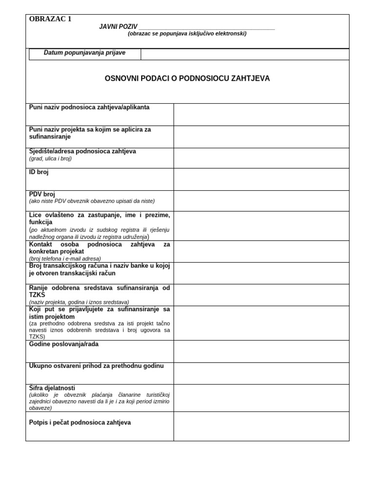 Obrazac 1 Prijava | PDF