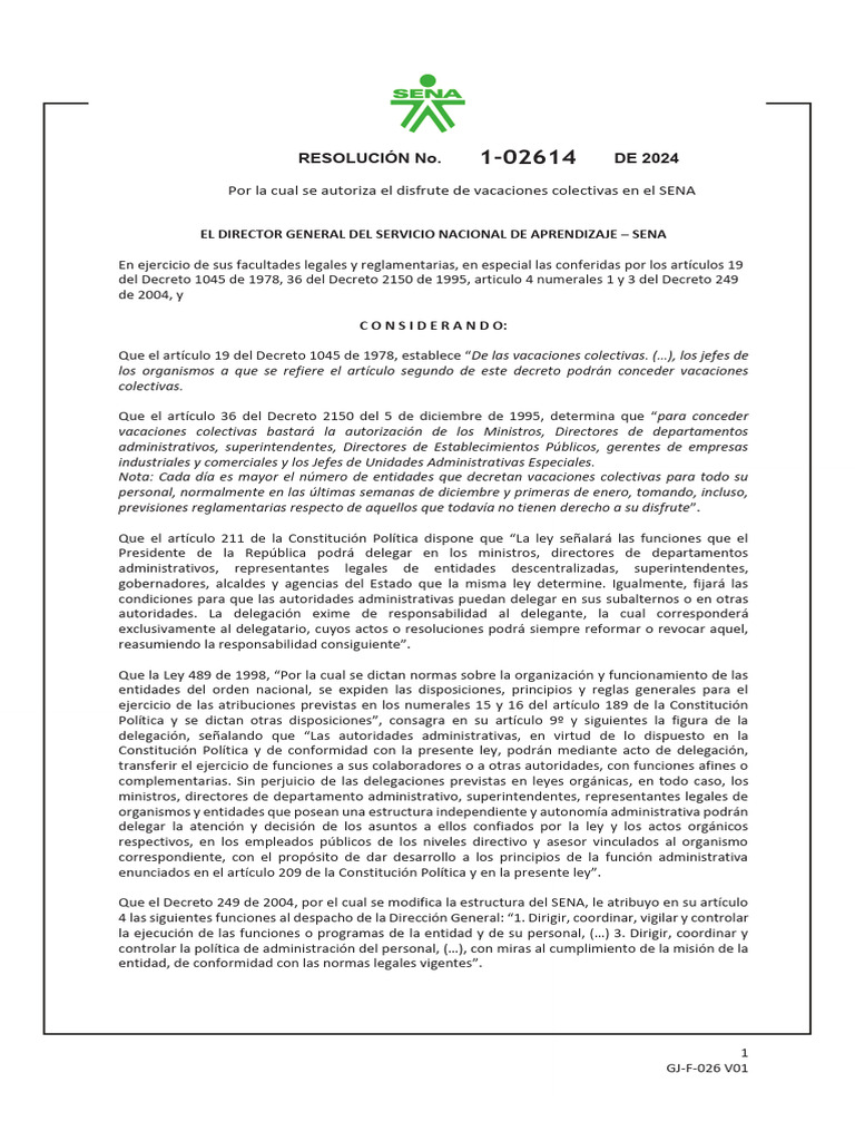 Vacaciones Colectivas SENA 2024 | PDF | Gobierno