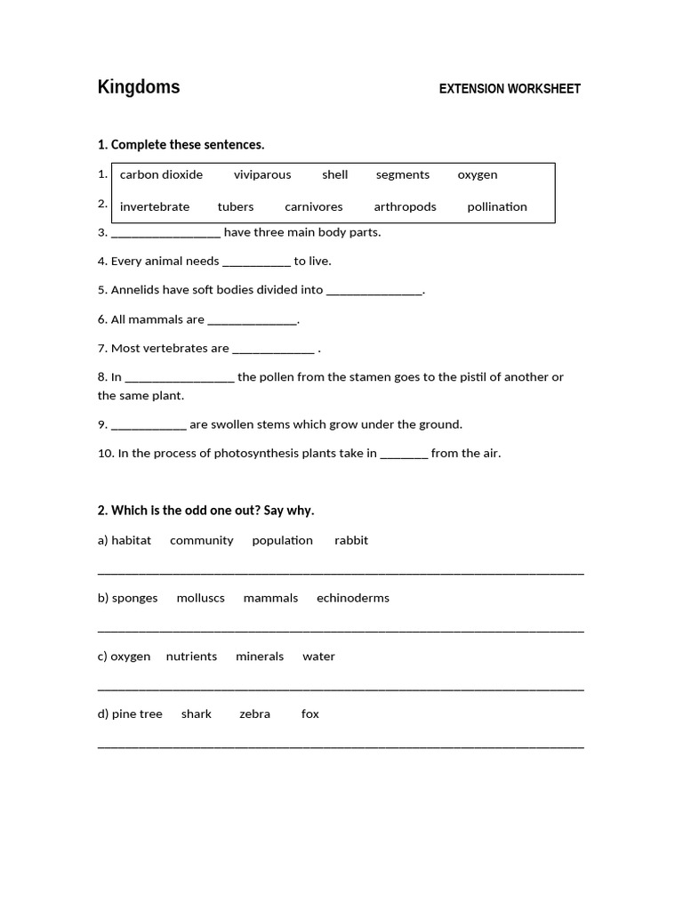 Animal Kingdoms Worksheet | PDF | Plants | Invertebrate