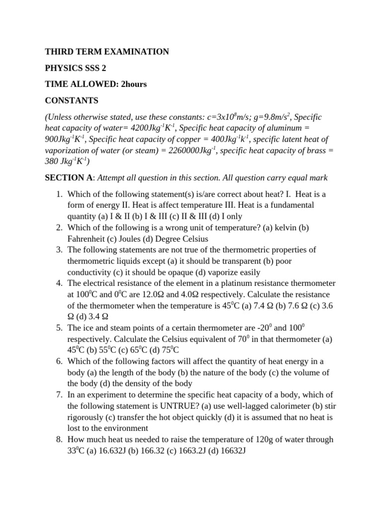 SSS 2 Physics Third Term Exam Questions | PDF | Waves | Gases