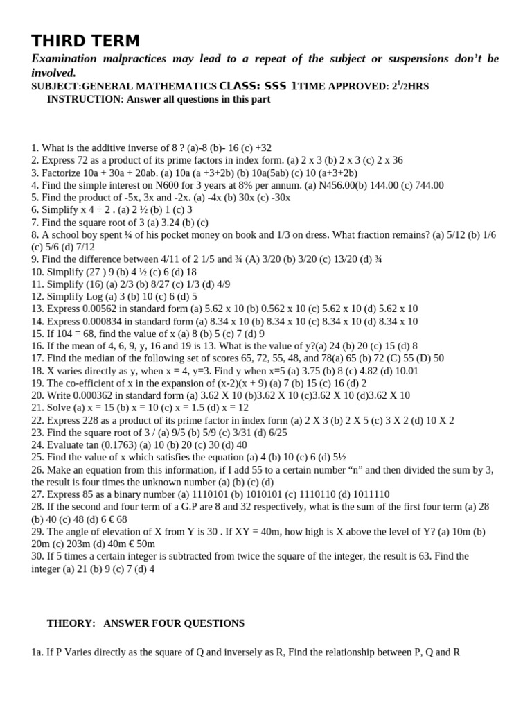 SSS 1 Mathematics Exam | PDF | Circle | Numbers