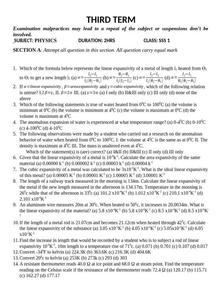 Ss 1 Third Term Physics Examination | PDF | Thermal Conduction ...