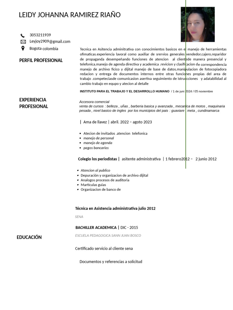 HOJA DE VIDA .JOHANNA RAMIREZ. RAIÑO Camarera | PDF