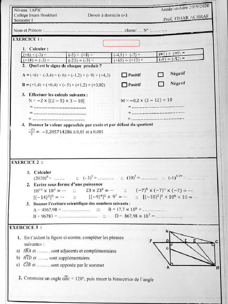 Devoir ã Domicile 3 1apic S1 Prof Timar Www Pc1 Ma Pdf