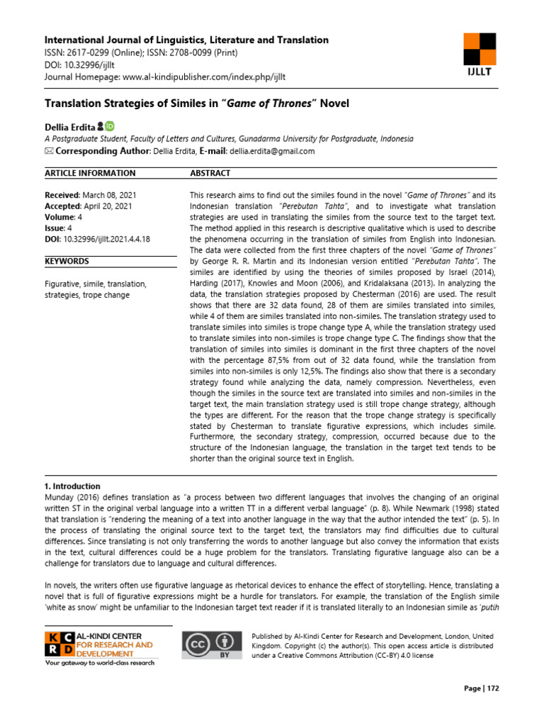 Translation Strategies of Similes in "Game of Thrones" Novel | PDF ...