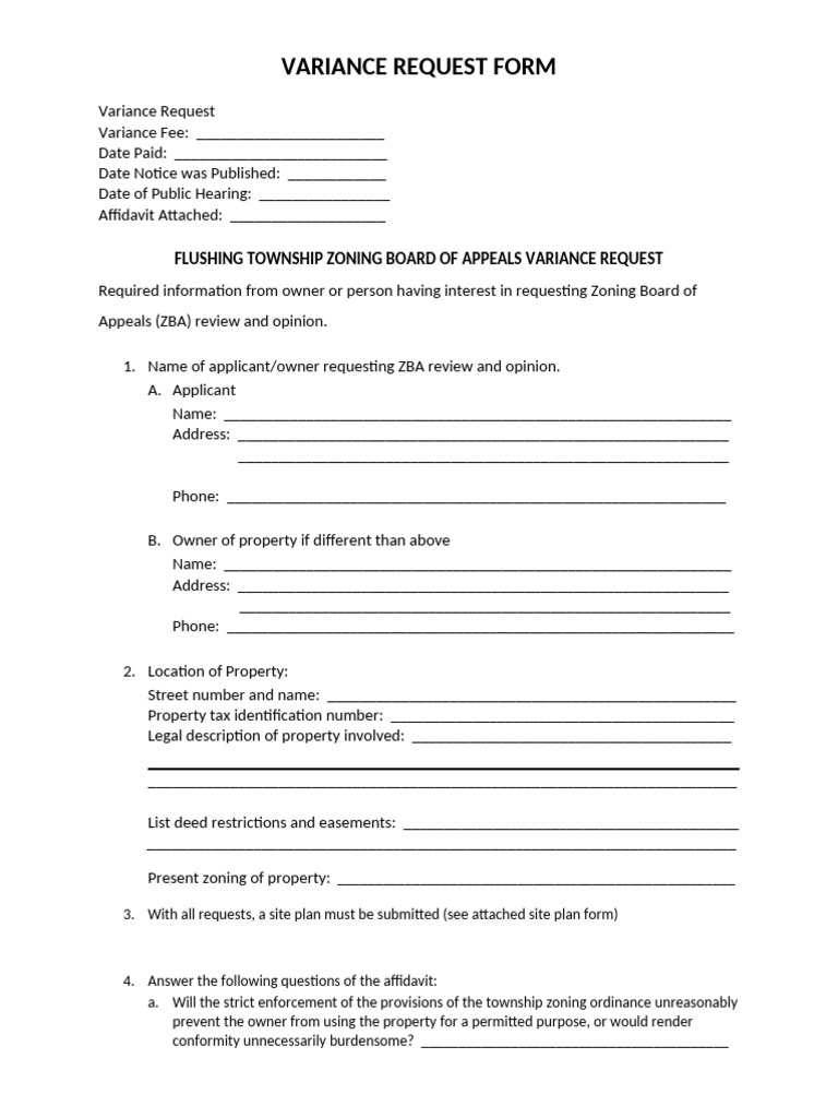 Variance Request Form (2018) | PDF | Civil Law (Common Law) | Common Law