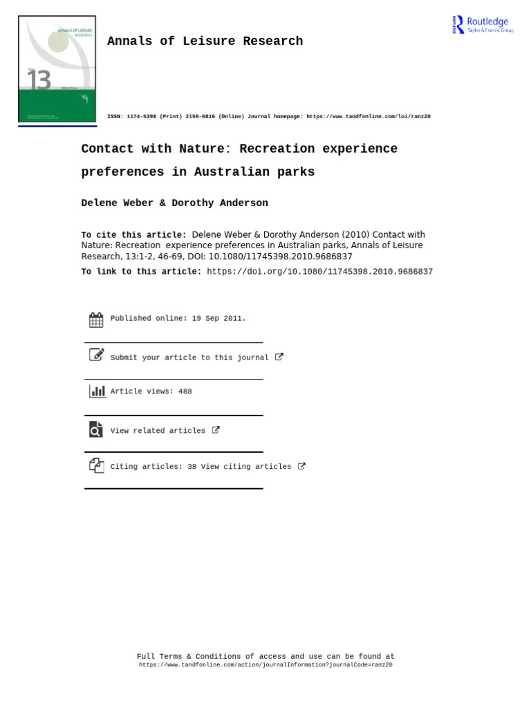Contact With Nature Recreation Experience Preferences in Australian ...