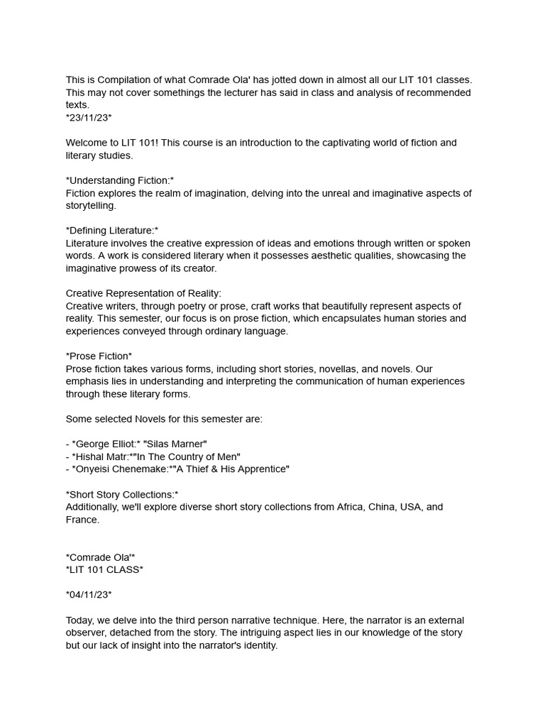 Lit 101 Lecture by Comrade Ola | PDF | Narrative | Narration