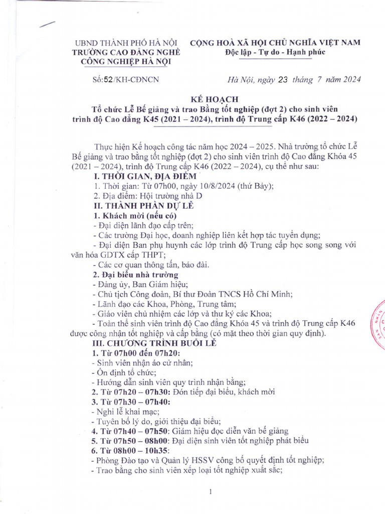 KH 52 vv tổ chức bế giảng và trao bằng tốt nghiệp đợt 2 cho sv trình độ CĐ K45, trình độ TC K46 ...